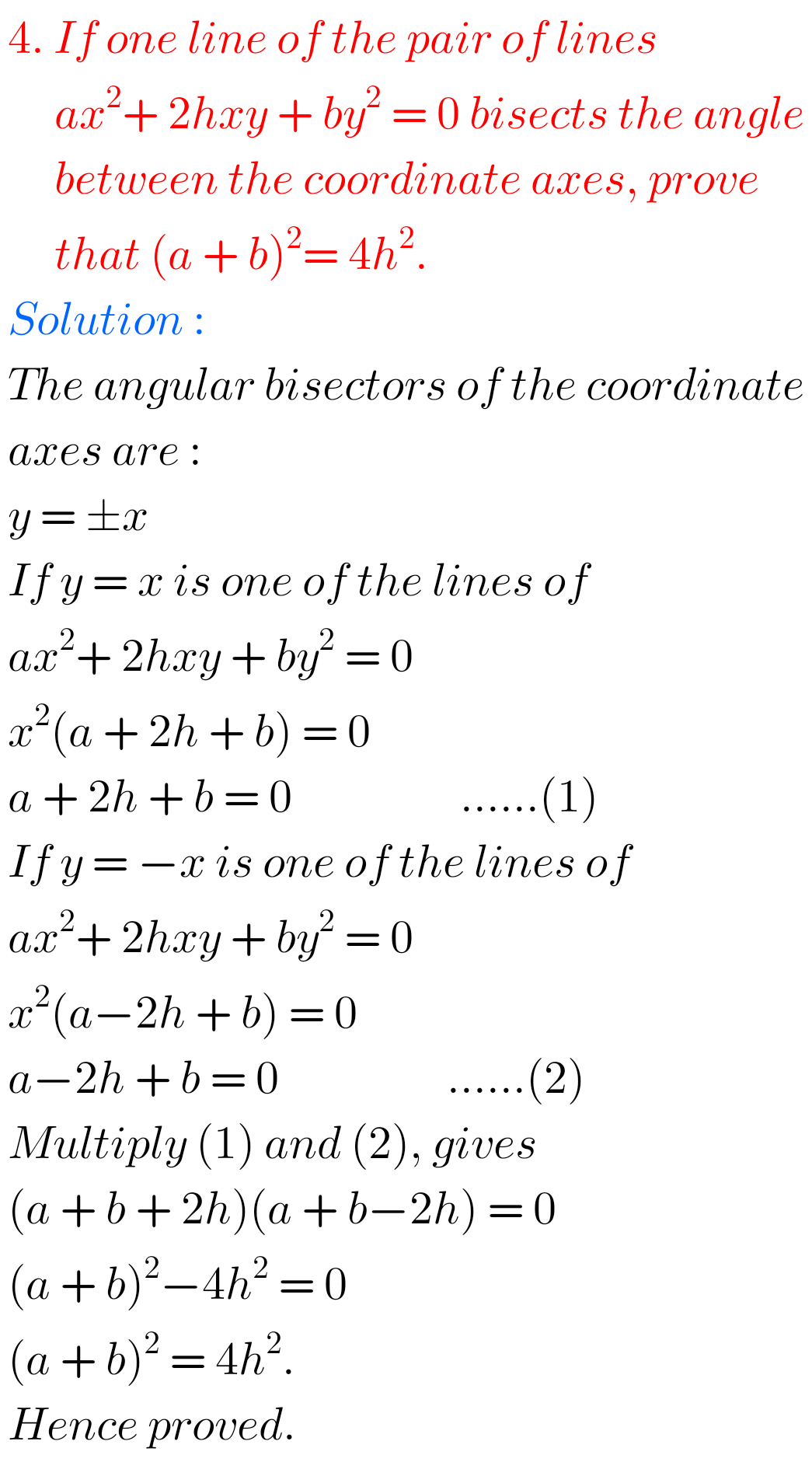 Inter Maths Solutions for Pair of Straight Lines Exercise 4(a) - MATHS GLOW