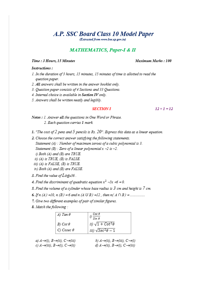 Model Papers SSC & Inter Maths - MATHS GLOW
