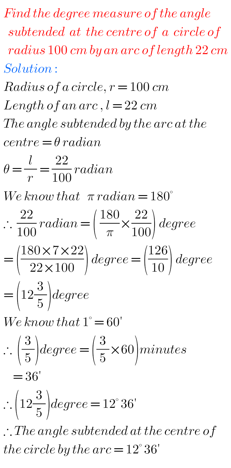 Find the degree measure of the angle subtended at the centre of a ...