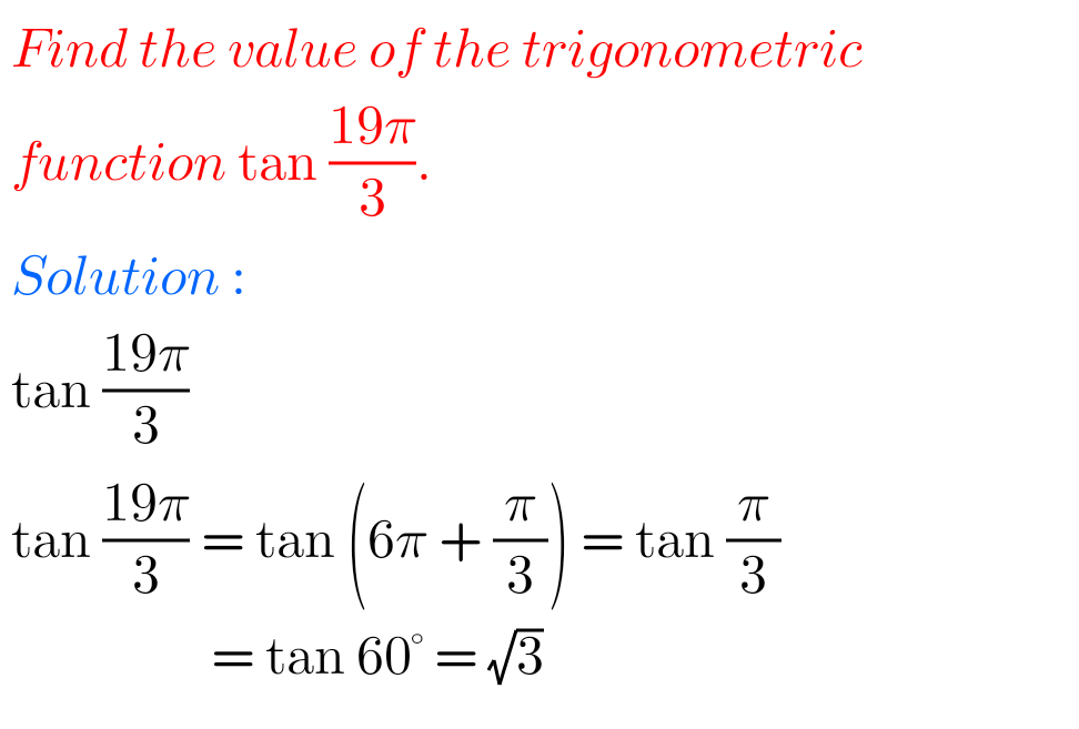 Find the value of trigonometric function tan 19π/3. - MATHS GLOW